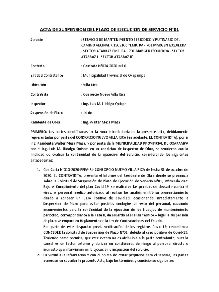 Acta de Suspension Del Plazo de Ejecucion de Servicio N | PDF