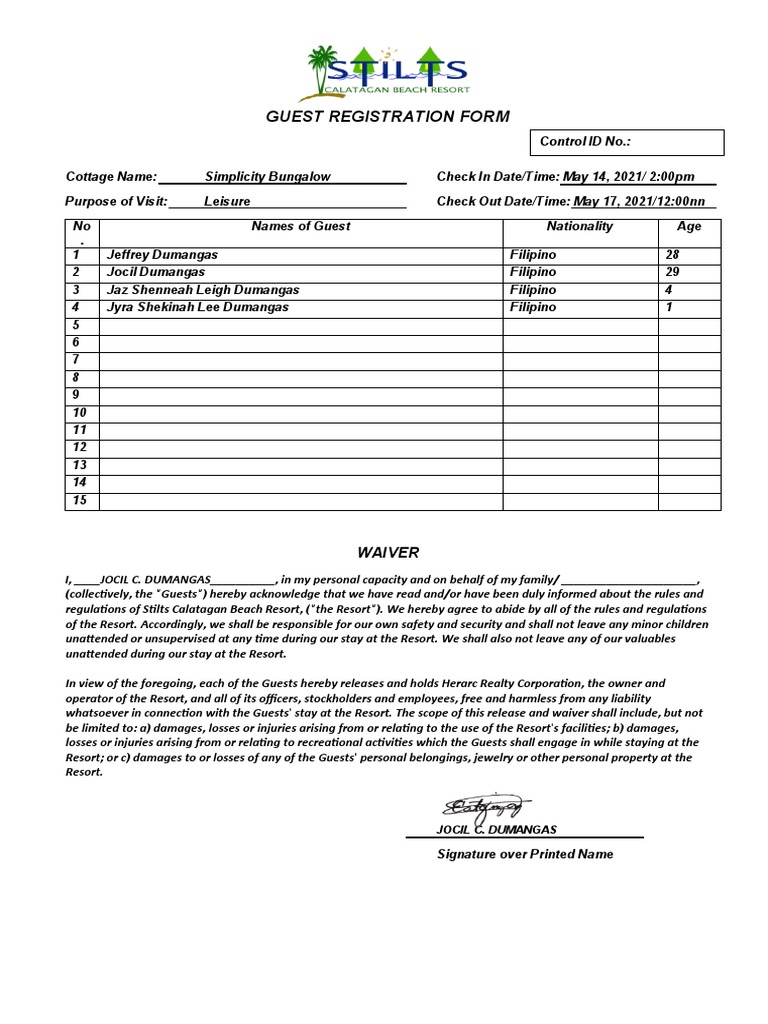 Guest Registration and Health Declaration Form | PDF | Information ...