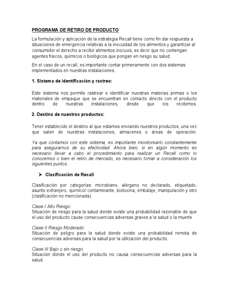 Programa de Retiro de Producto | PDF | Alimentos | Seguridad alimenticia