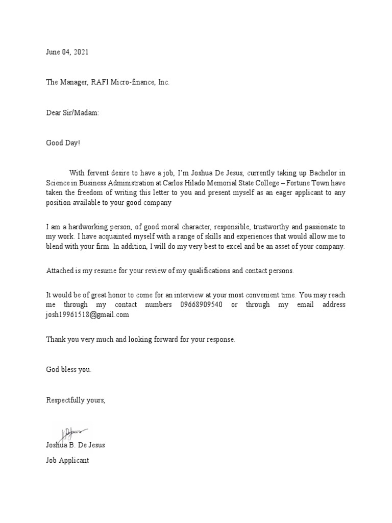Joshua de Jesus Application Letter | PDF | Career & Growth | Wellness