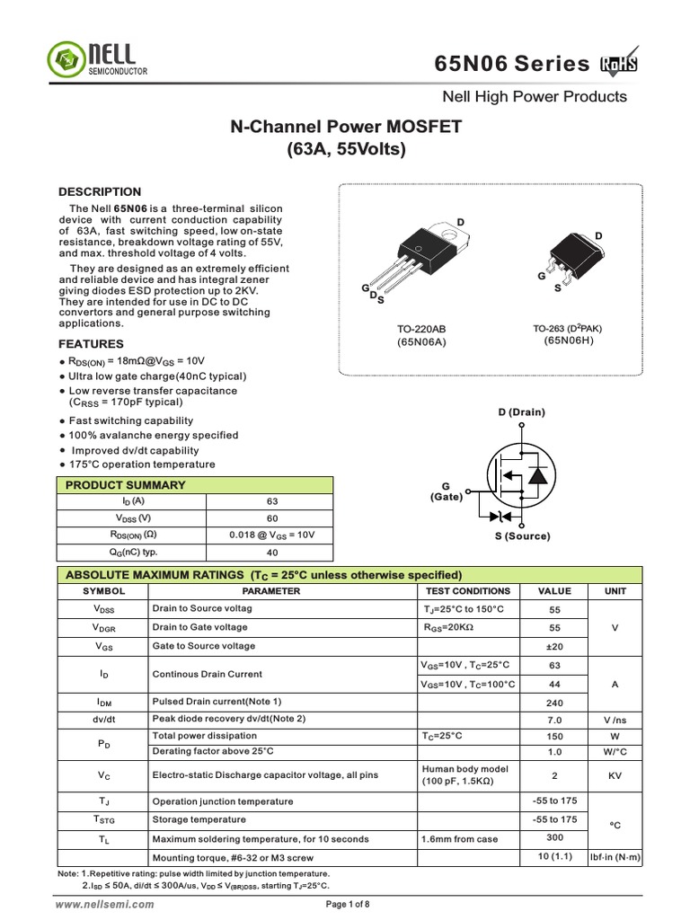65N06 Series: N-Channel Power MOSFET (63A, 55volts) Description | PDF ...