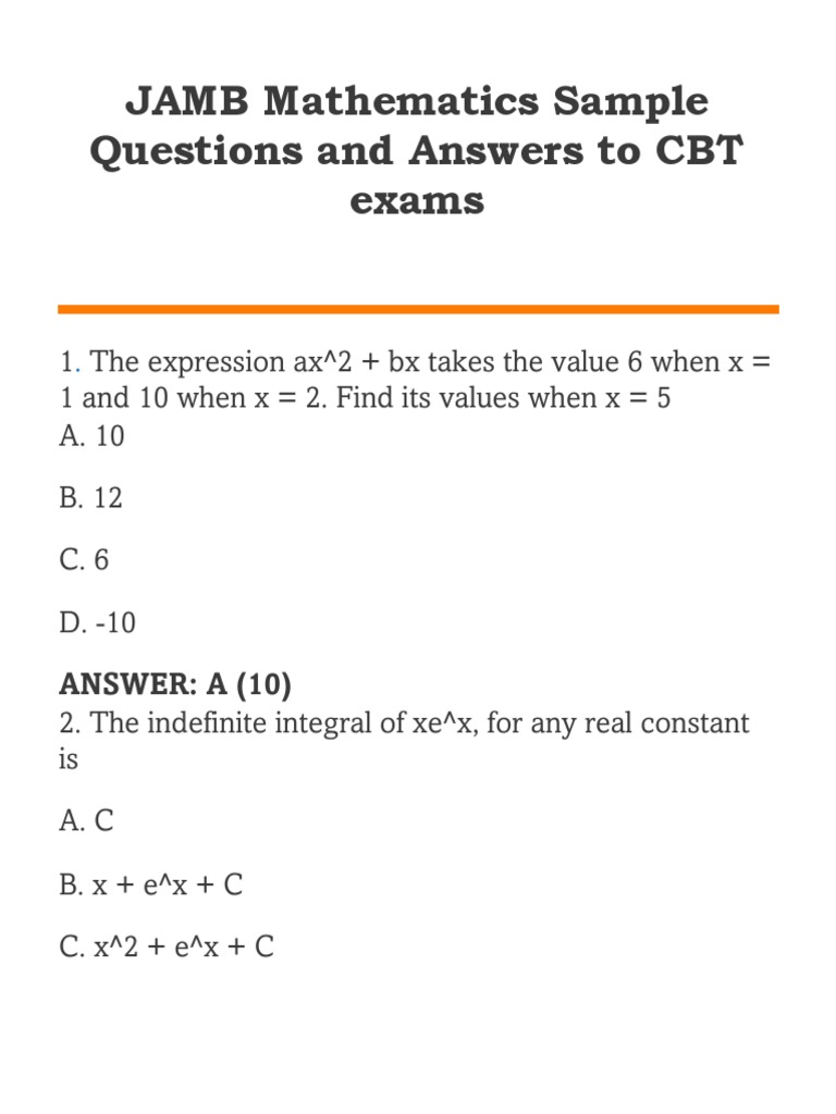 JAMB Mathematics Sample Questions and Answers To CBT Exams | PDF ...