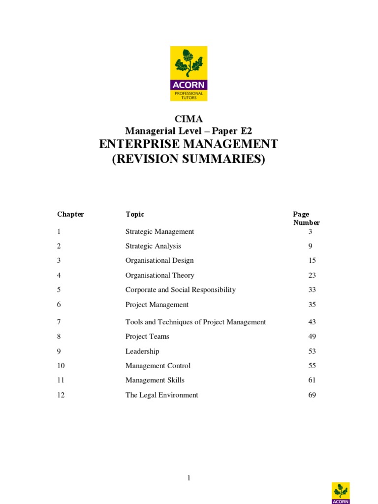 Enterprise Management (Revision Summaries) : Cima Managerial Level ...