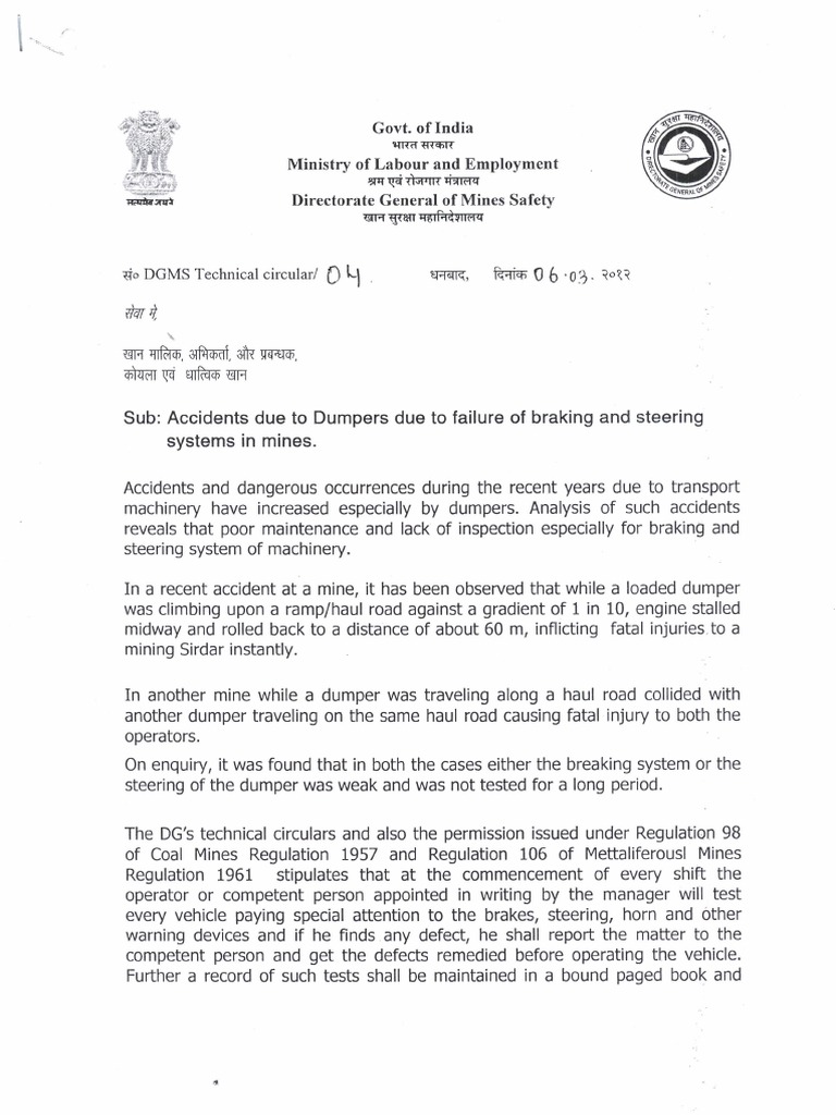 Dgms Tech Circular 4 of 2012 | PDF