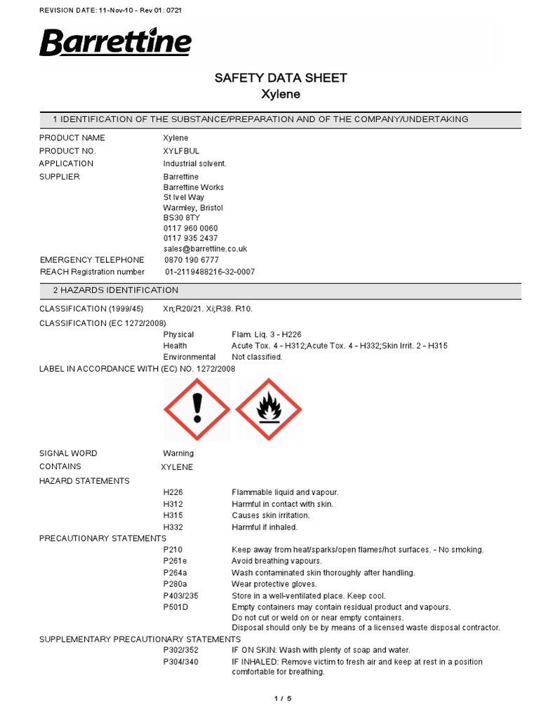 Safety Data Sheet Xylene: 1 Identification of The Substance/Preparation ...
