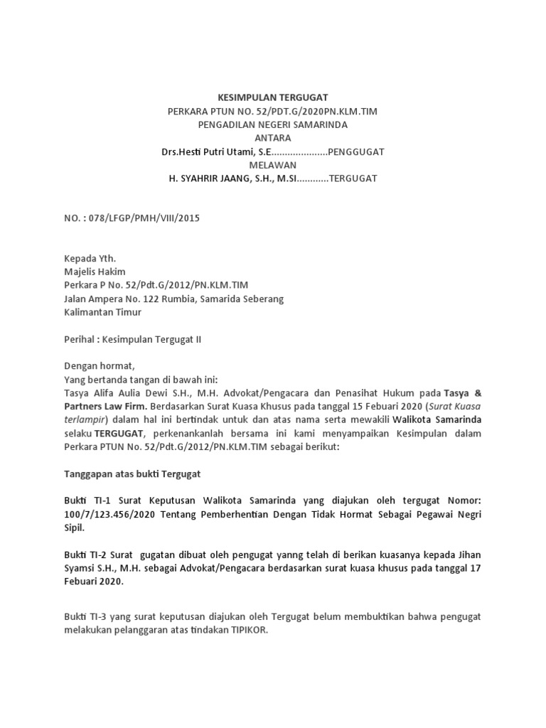 Contoh Kesimpulan Tergugat | PDF