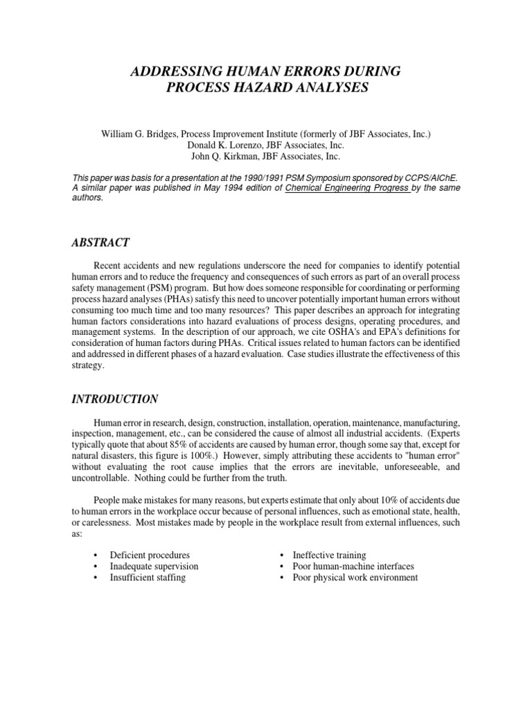 Addressing Human Errors in Process Hazard Analyses | PDF | Reliability ...