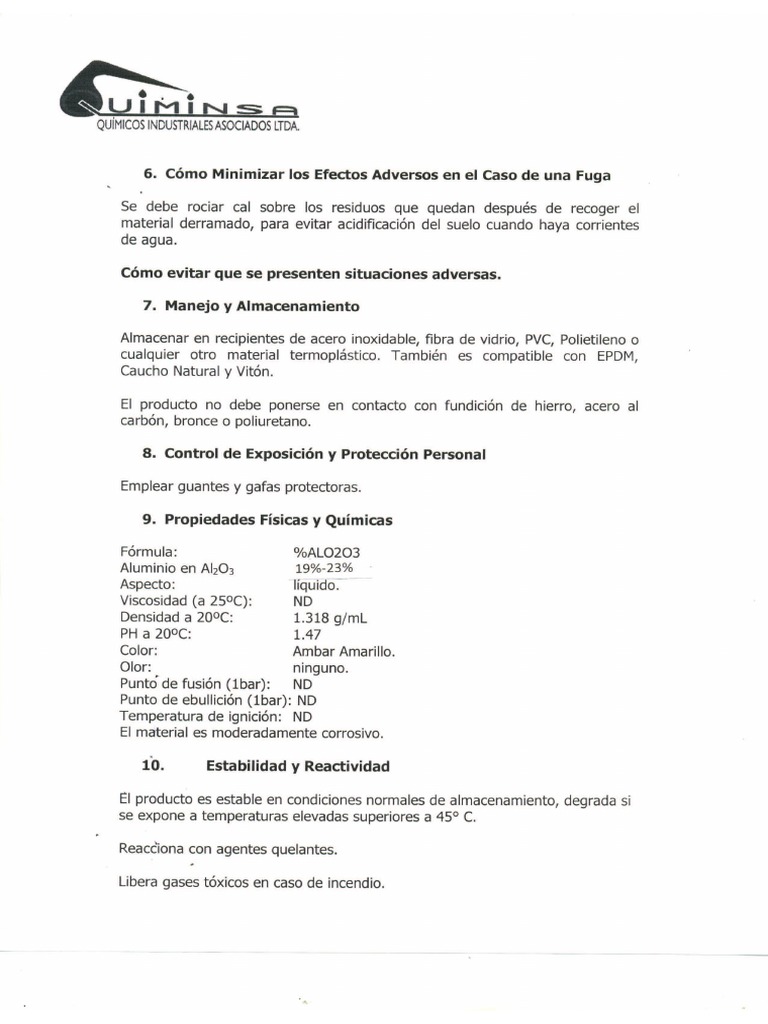 Hoja de Seguridad Quiminfloc 13250001 | PDF