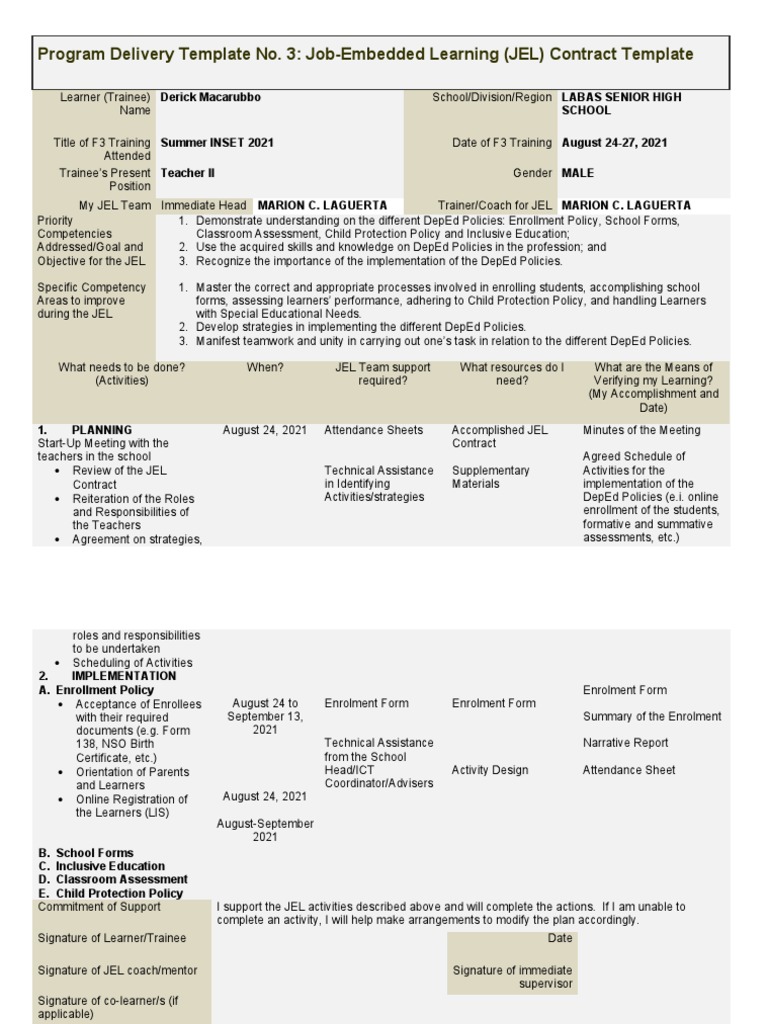Job-Embedded Learning Contract Template | PDF | Teachers | Inclusion ...