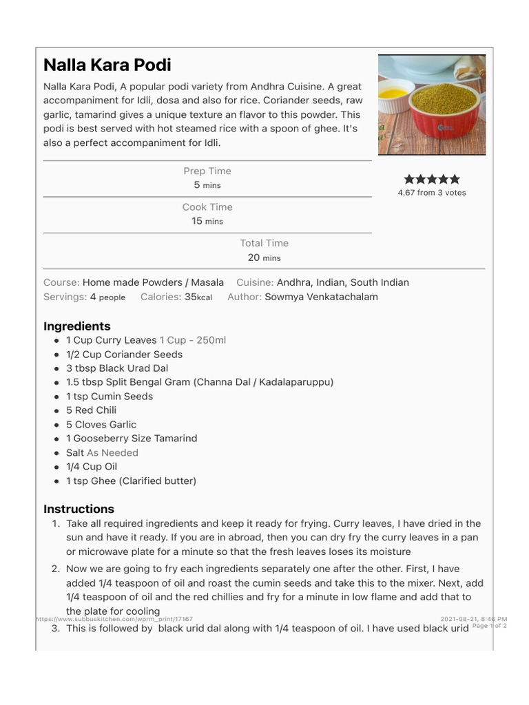 Nalla Kara Podi Recipe | PDF | Curry | Food And Drink Preparation