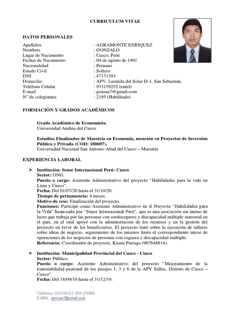 Curriculum Vitae de Gonzalo Agramonte | PDF | Perú