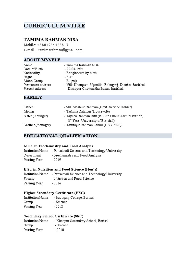 Curriculum Vitae: Tamima Rahman Nisa | PDF
