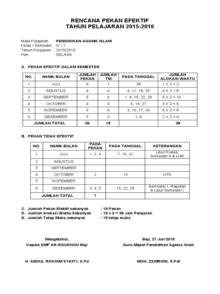 Rencana Pekan Efektif Pai | PDF