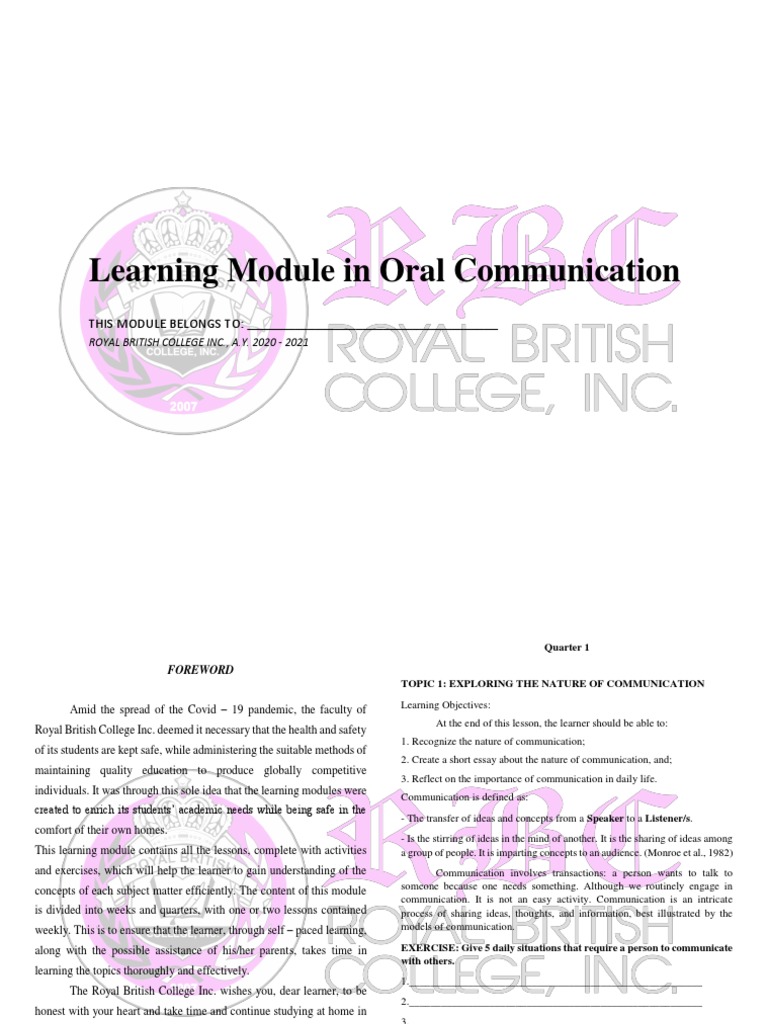RBC Learning Module Oral Comm | PDF | Communication | Nonverbal Communication