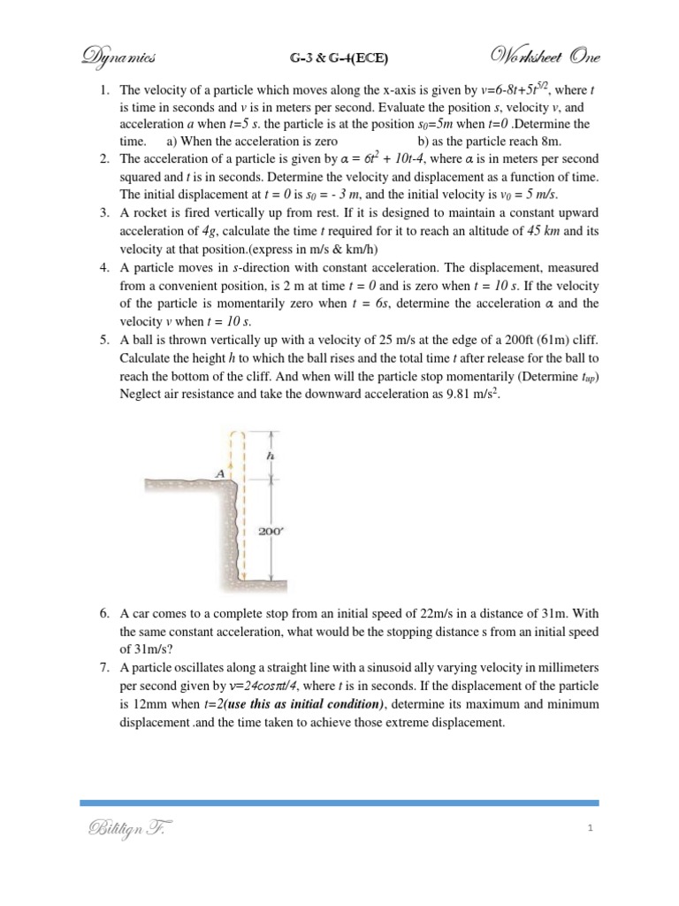 Dynamics Worksheet One: Bililign F | PDF | Acceleration | Velocity