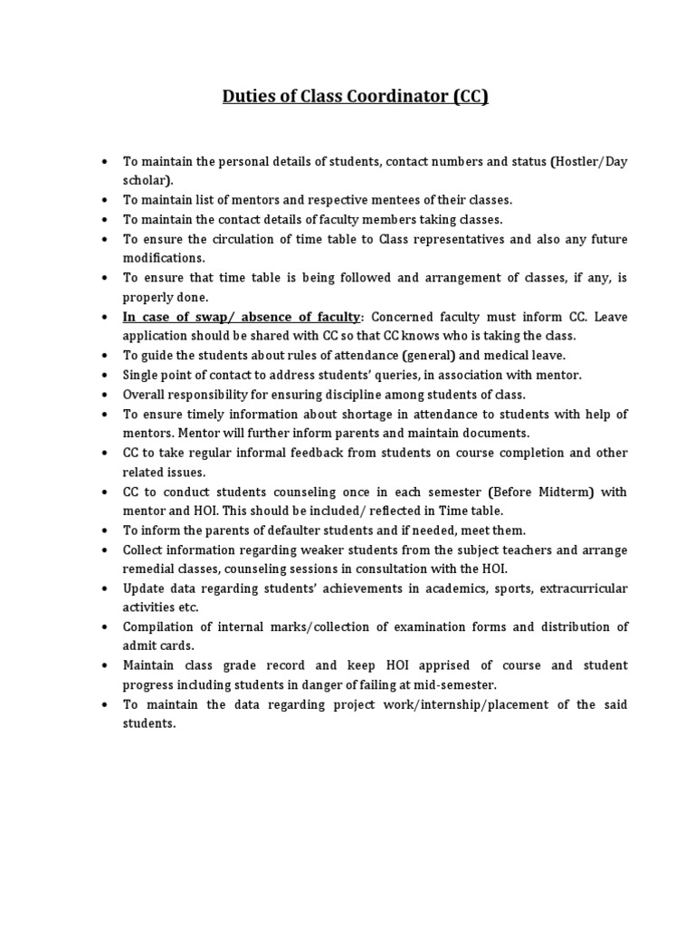 Duties of Class Coordinator | PDF