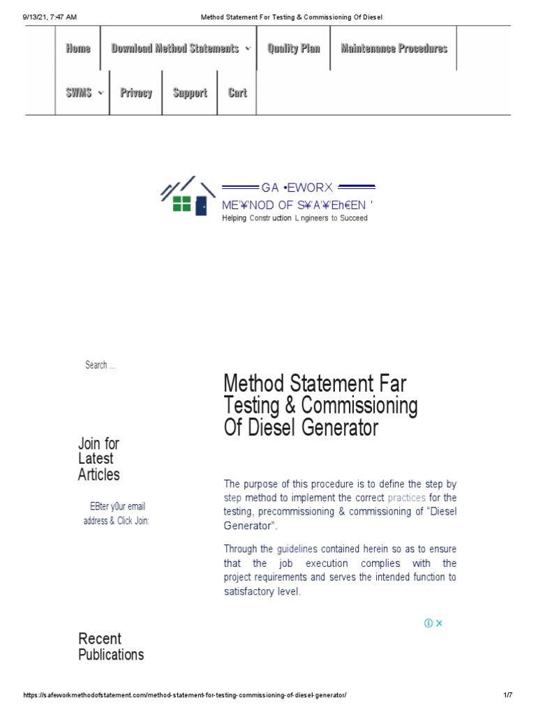 Method Statement For Testing And Commissioning Of Diesel Generator Pdf