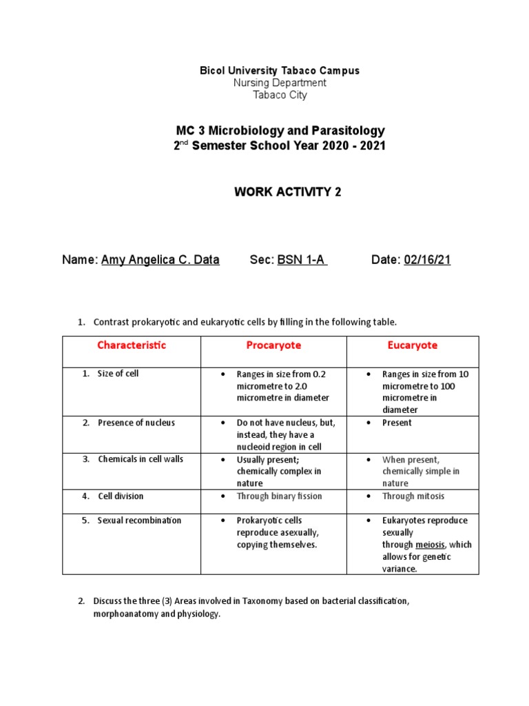Work Activity 2 Microbiology & Parasitology | PDF | Bacteria | Cell ...