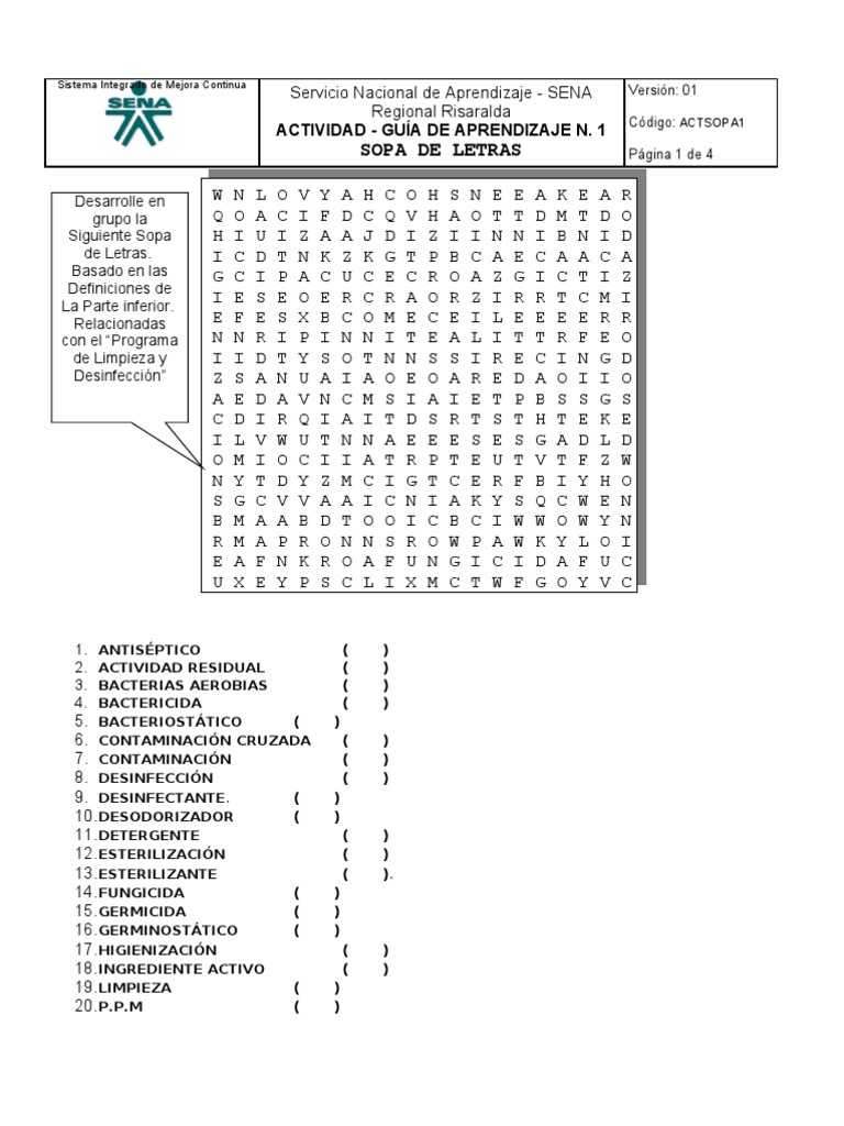 SOPA DE LETRAS 1 REALIZAR ASEPSIA | Las bacterias | Microorganismo