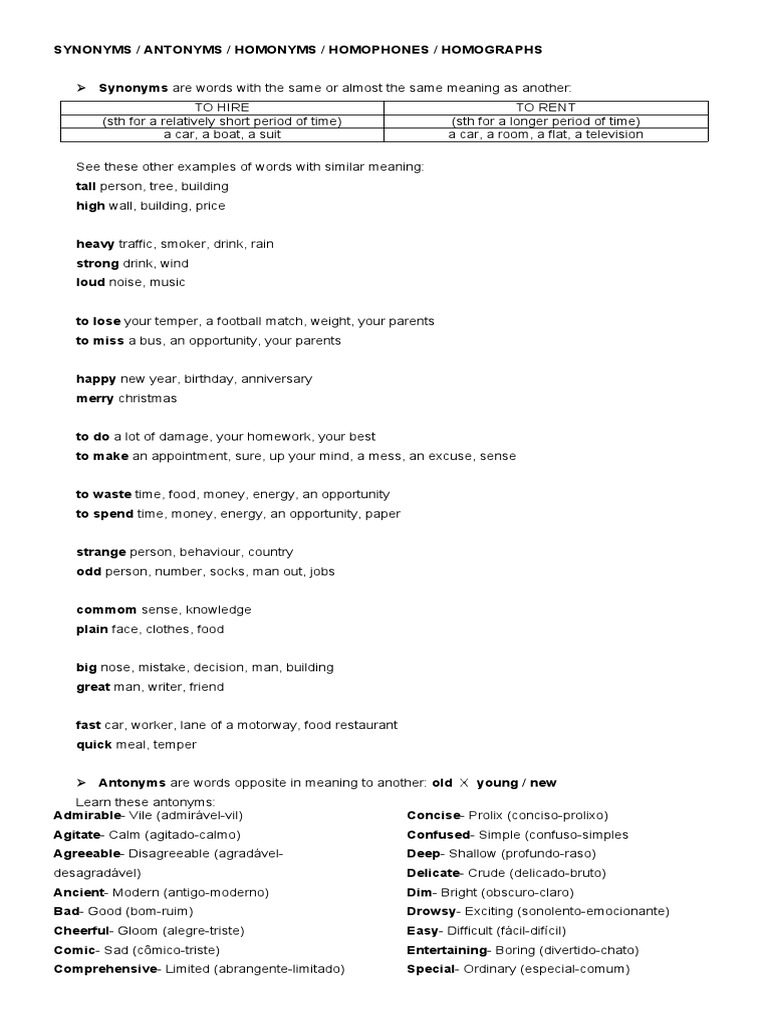 Synonyms, Antonyms, Homonyms, Homophones | PDF | Verb