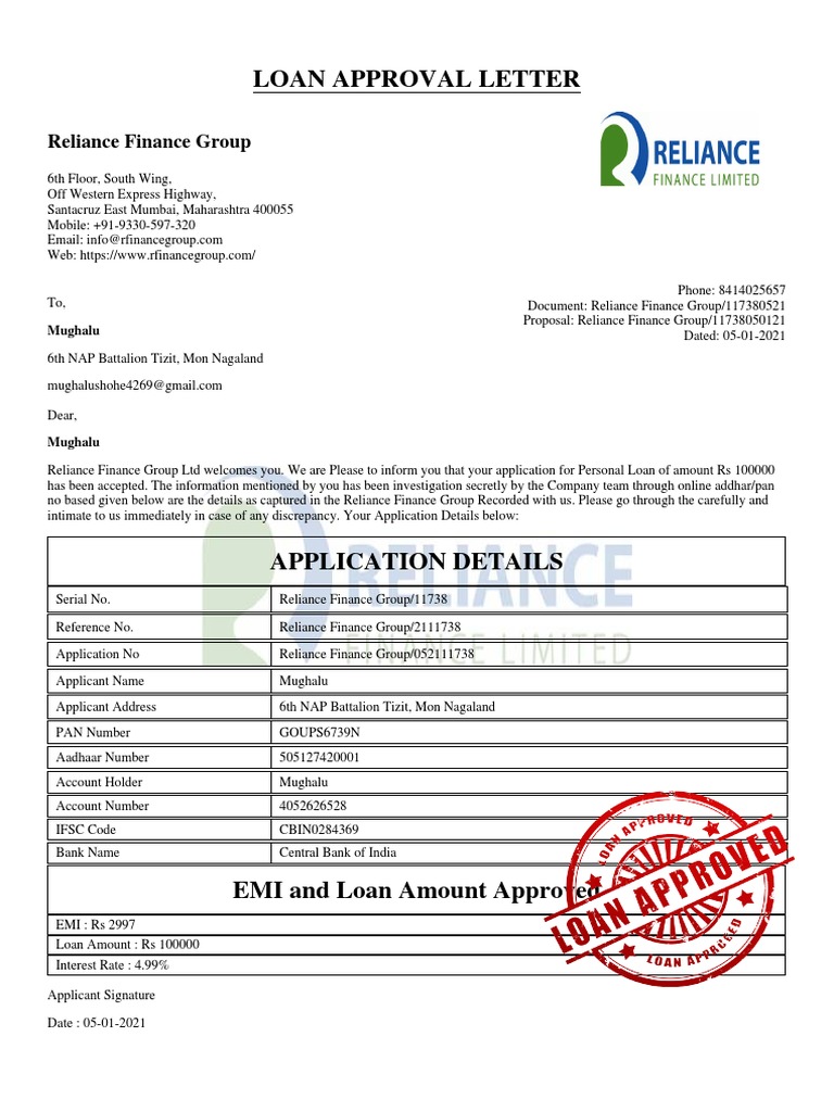 Loan Approval Letter: Reliance Finance Group | PDF | Banks ...