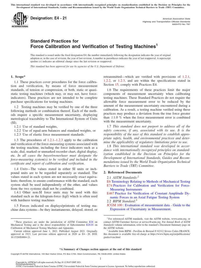 Standard Practices For Force Calibration and Verification of Testing ...