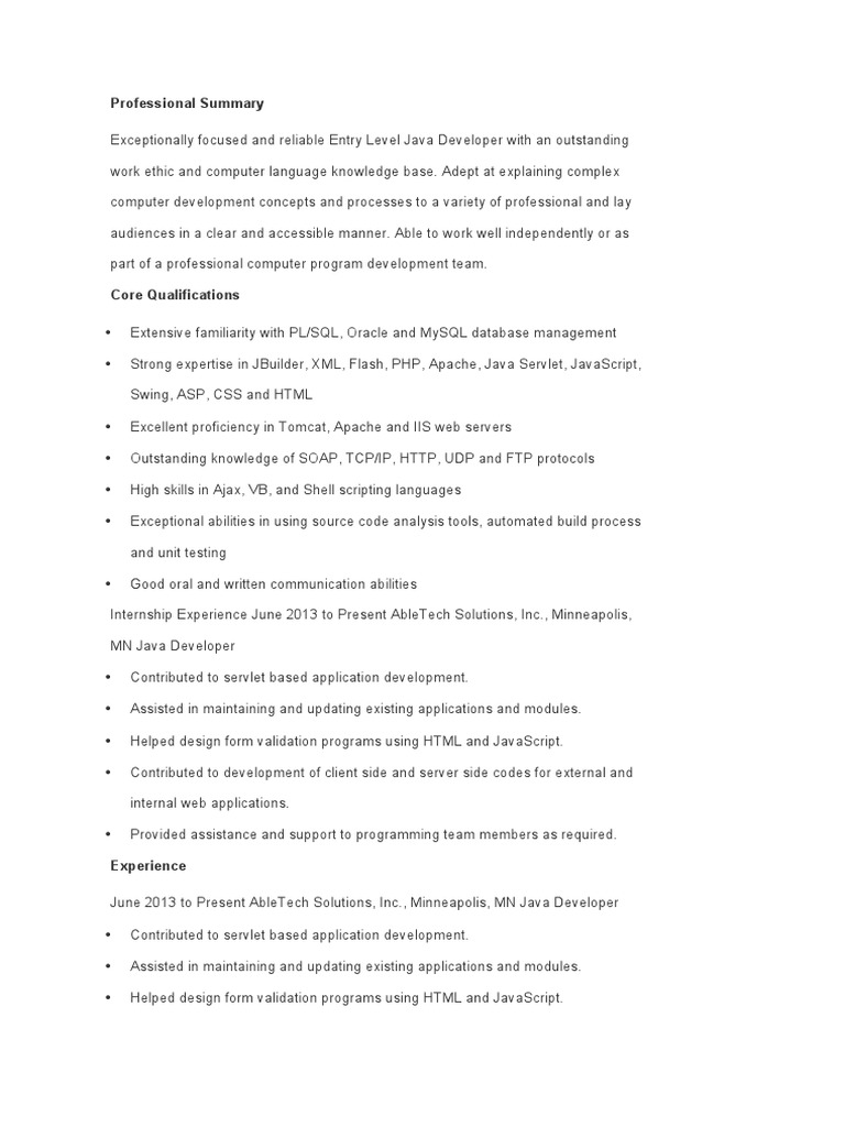 Junior Java Developer Resume Template | PDF
