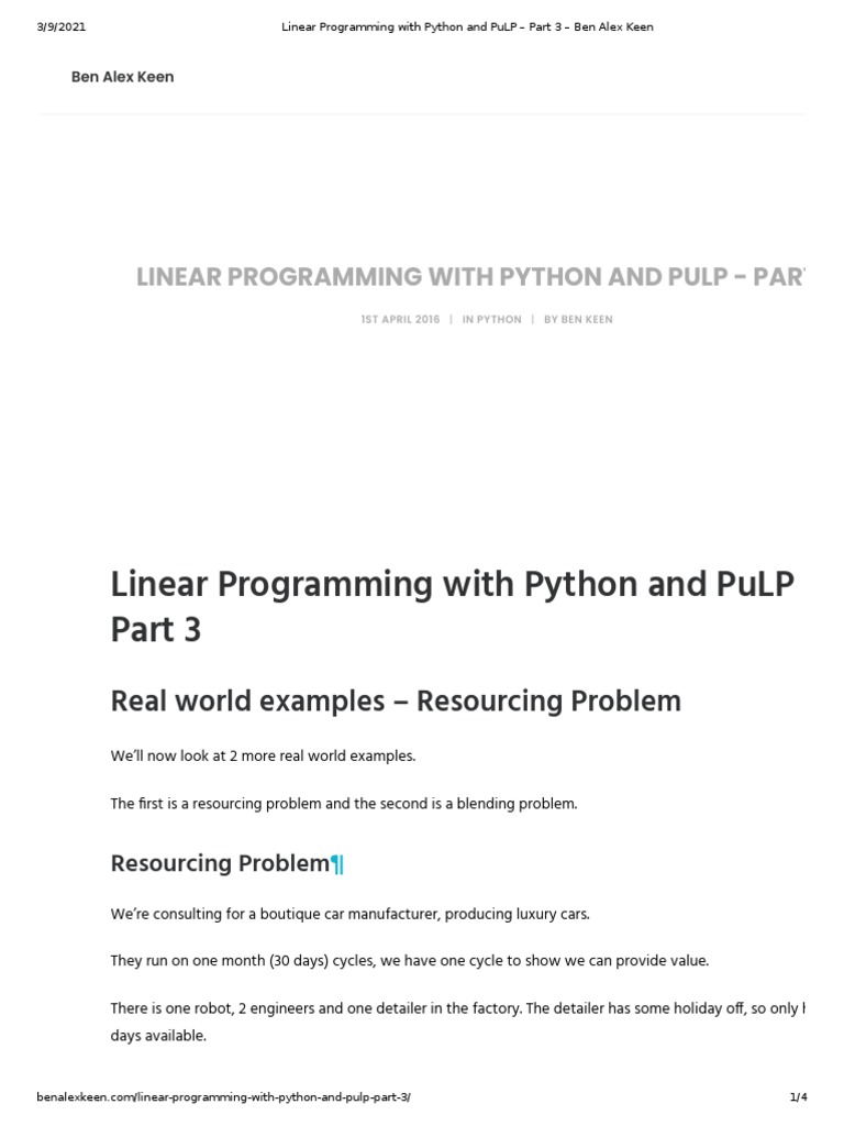 Linear Programming With Python and PuLP - Part 3 - Ben Alex Keen | PDF | Linear Programming ...