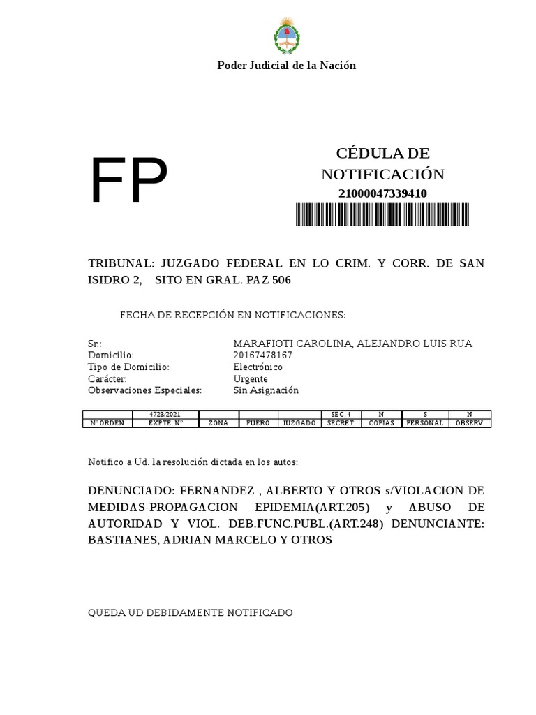 Cédula de Notificación | PDF | Mauricio Macri | Derecho penal
