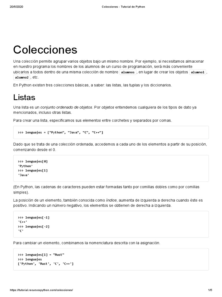 Colecciones Tutorial De Python Pdf Python Lenguaje De Programación Lenguaje De