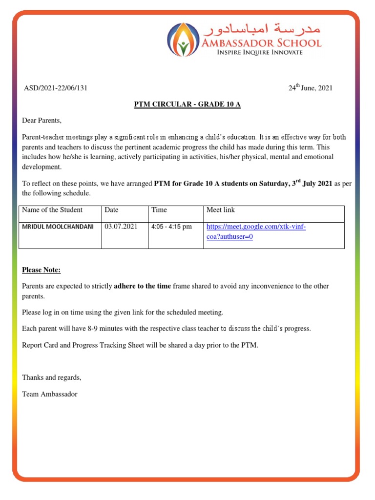 Mridul Moolchandani Grade 10a PTM | PDF