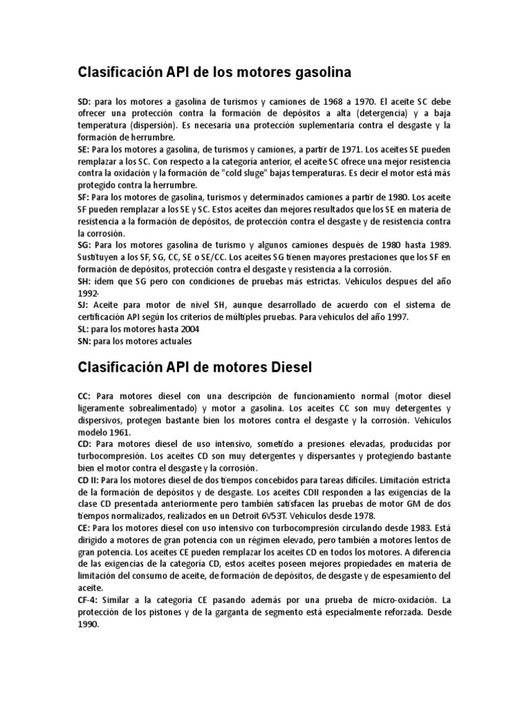 Clasificación API de Los Motores Gasolina | PDF | Motor diesel | Gasolina