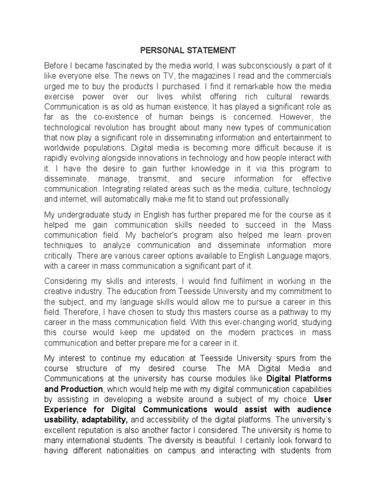 Personal Statement (Digital Media and Communications) | PDF | Mass ...