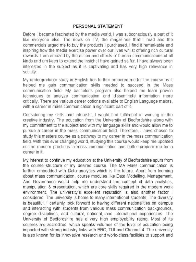 Personal Statement (Mass Communication With Data Analytics) | PDF ...