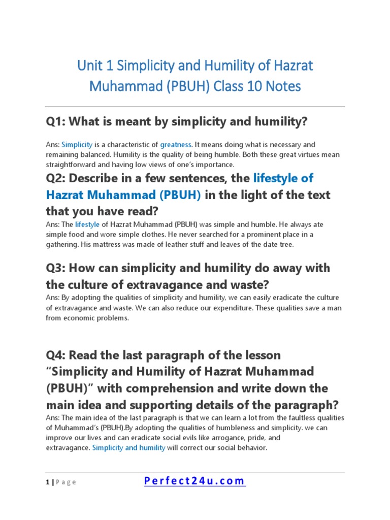 Class 10 English Notes Unit 1 Simplicity and Humility of Hazrat ...