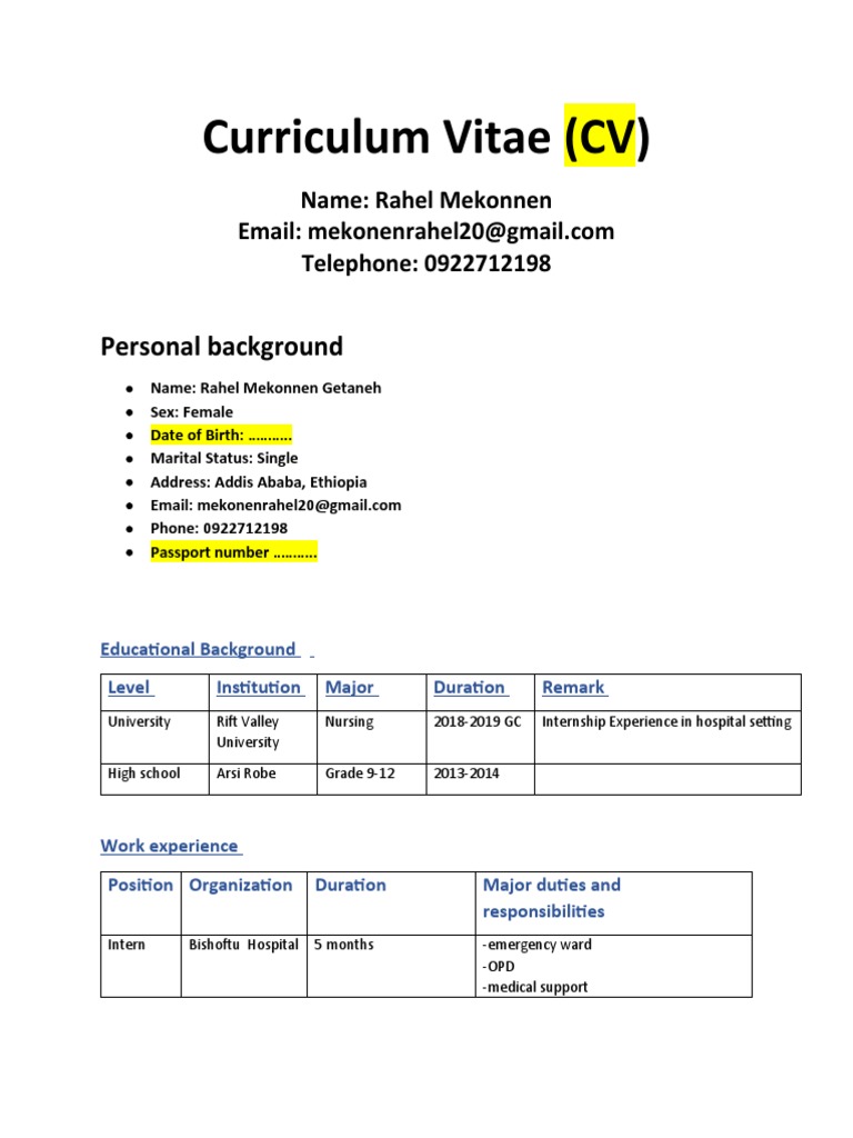 Curriculum Vitae (CV) : Personal Background | PDF | Ethiopia | Internship