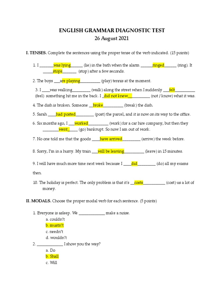Printable Grammar Diagnostic Test English Practice Test With Answers