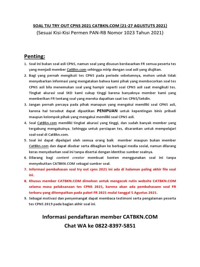 SOAL TIU TRY OUT CPNS 2021 KEDUA CATBKN Dotcom - Shared | PDF | Karier & Perkembangan