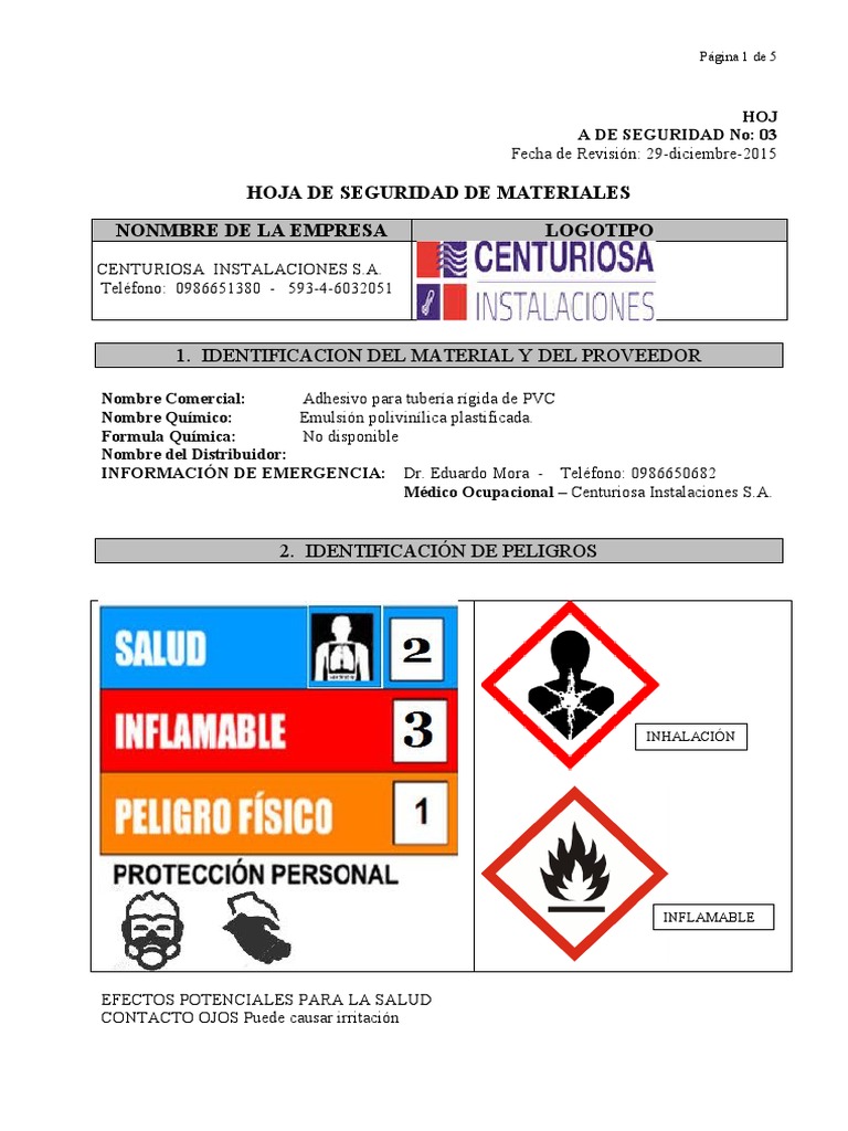 MSDS Del Pegamento para PVC | PDF | Agua | Combustión