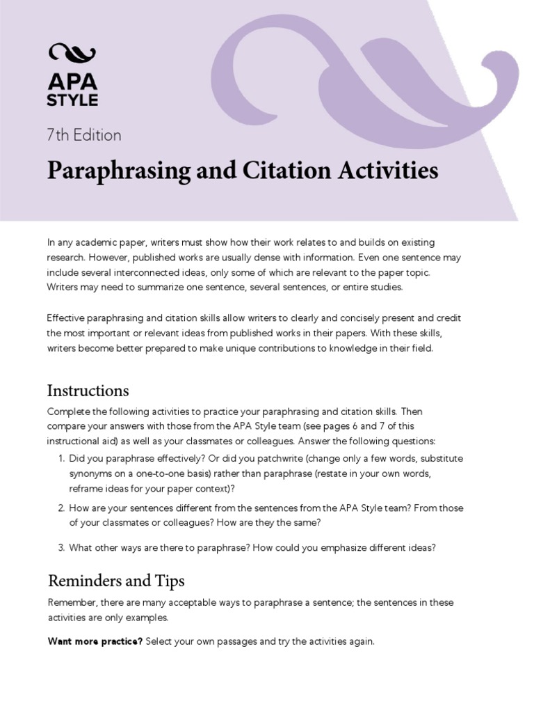 Paraphrasing and Citation Activities: 7th Edition | PDF | Citation ...