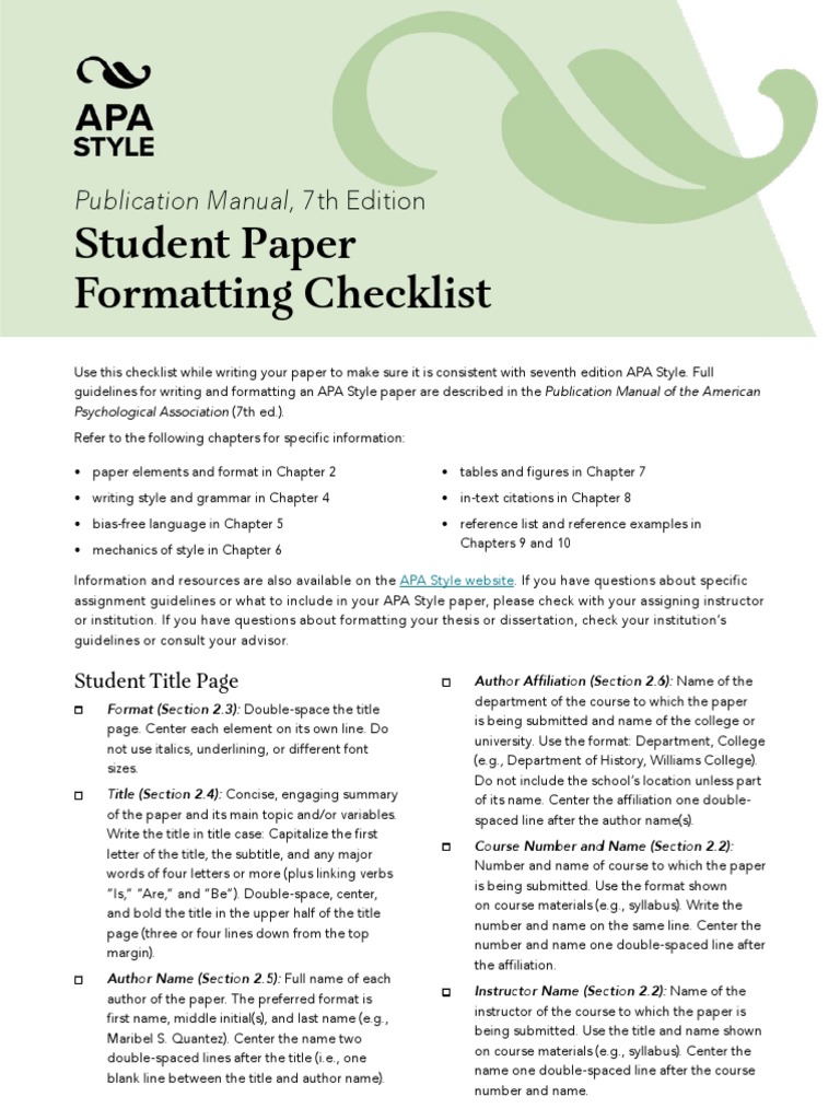 Publication Manual Formatting Checklist | PDF | Apa Style | Citation