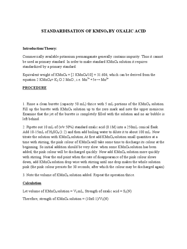Standardizing KMnO4 with Oxalic Acid | PDF | Cooking, Food & Wine ...