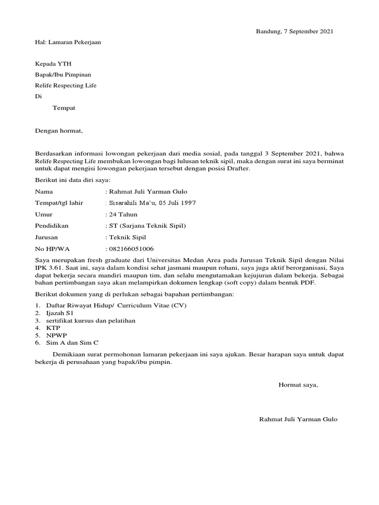 Surat Lamaran - Rahmat Juli Yarman Gulo 2021 | PDF