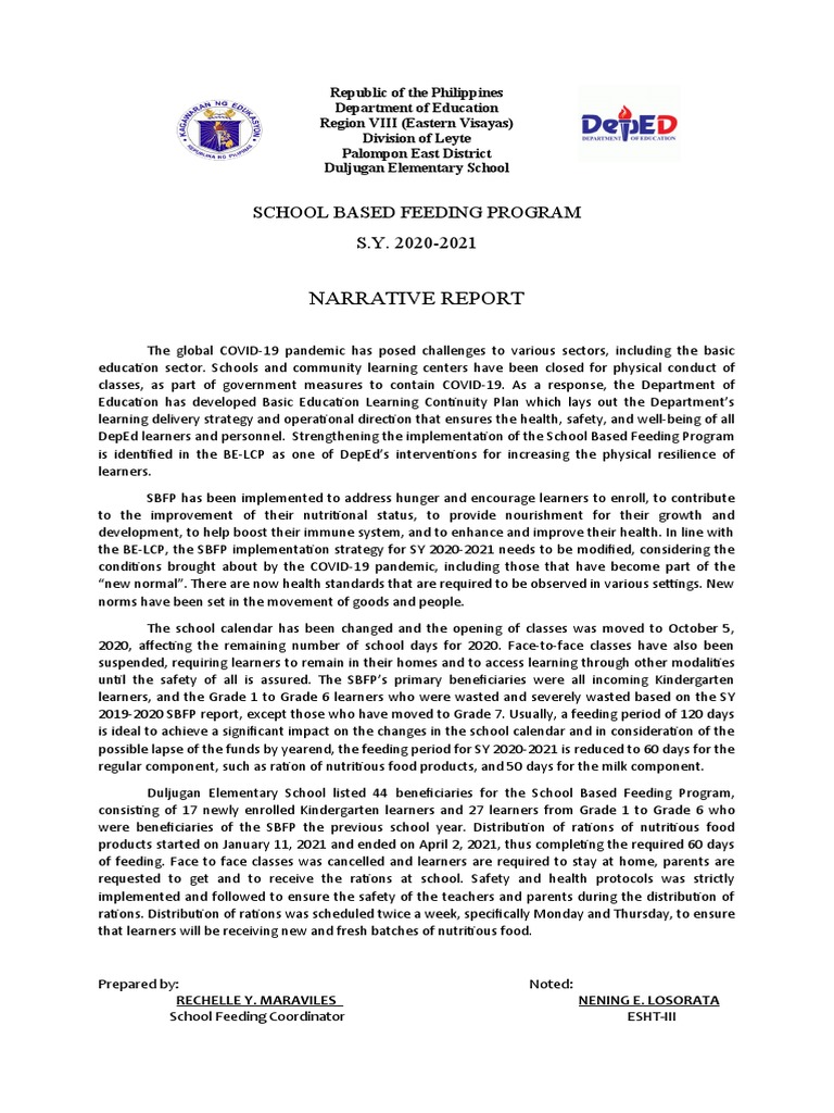 Narrative Report: School Based Feeding Program S.Y. 2020-2021 | PDF | Health Sciences