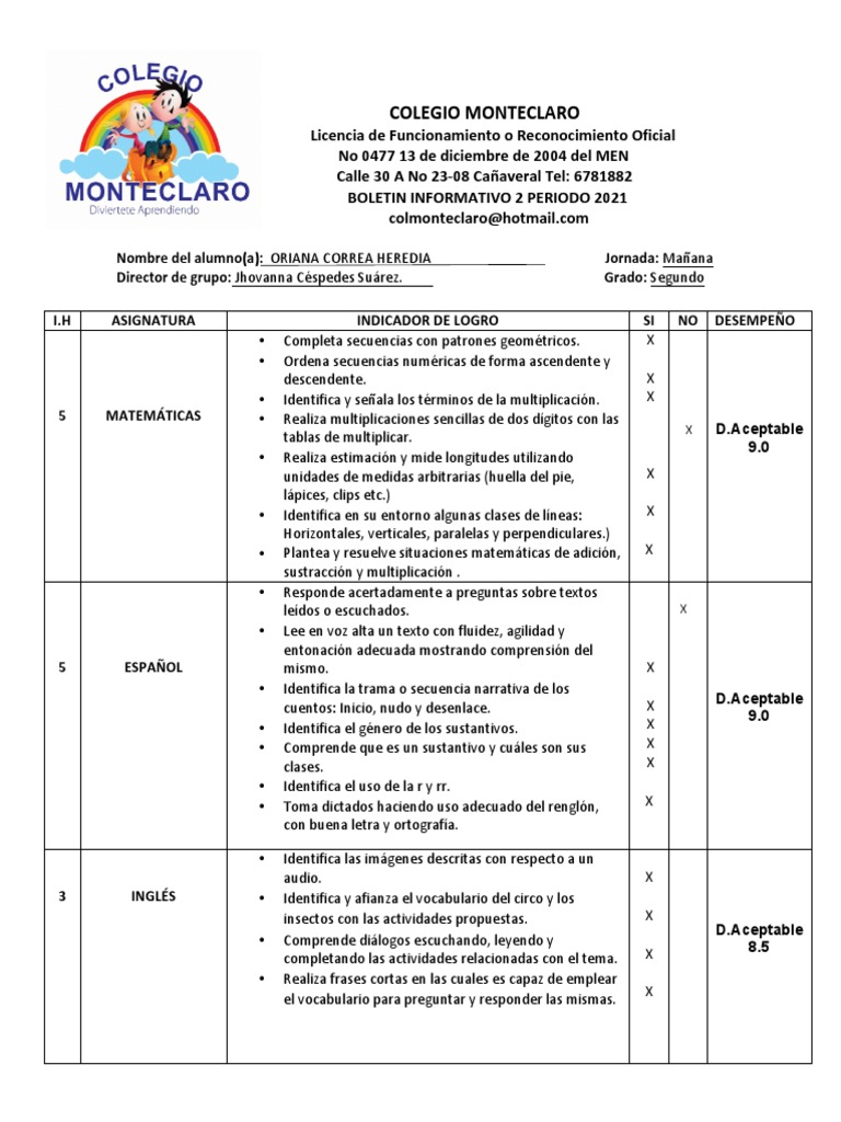 Boletin Grado Segundo Oriana Correa Heredia | PDF | Amor