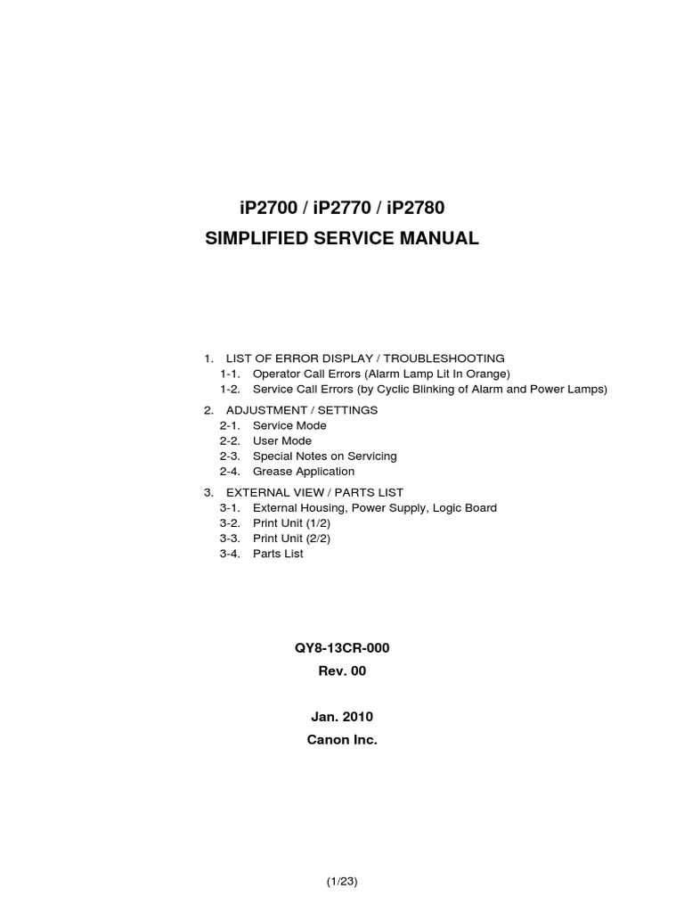 Canon PIXMA IP2700, IP2770, IP2780 - Service Manual | PDF | Printer ...