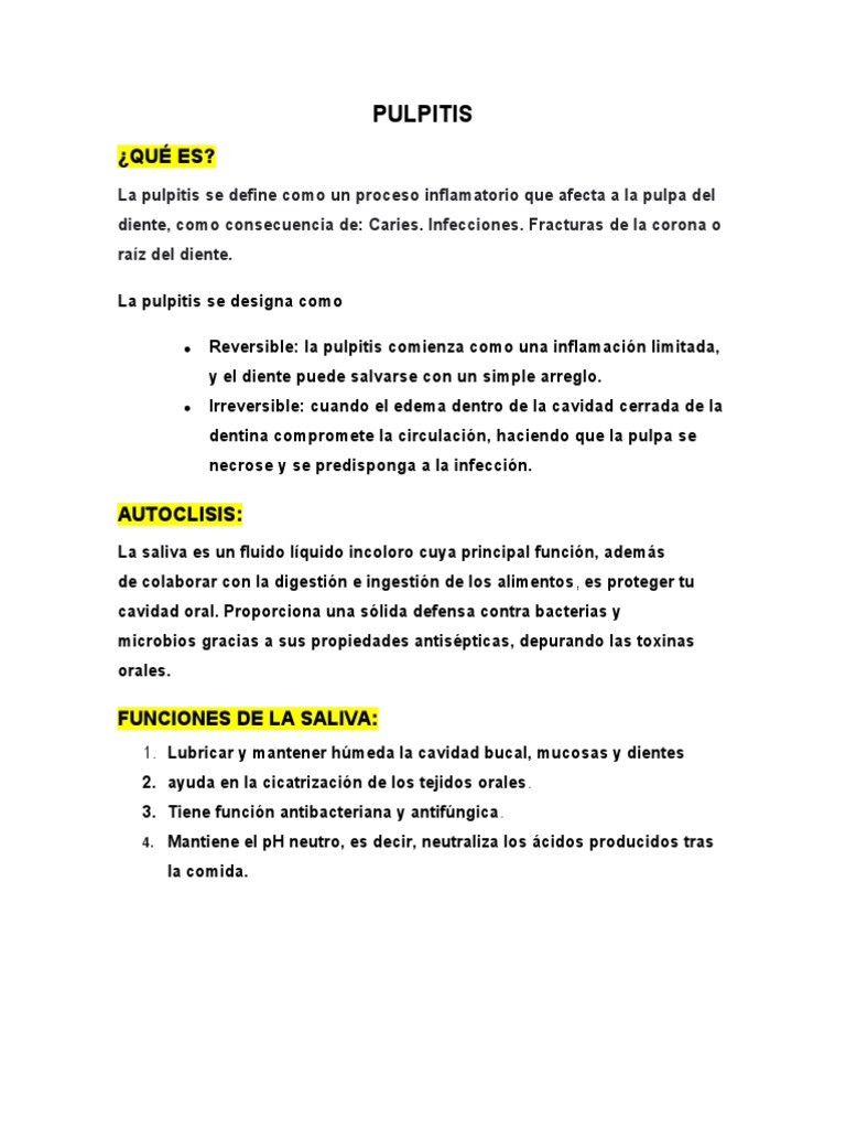 Pulpitis, Autoclisis, Funciones de Saliva | PDF
