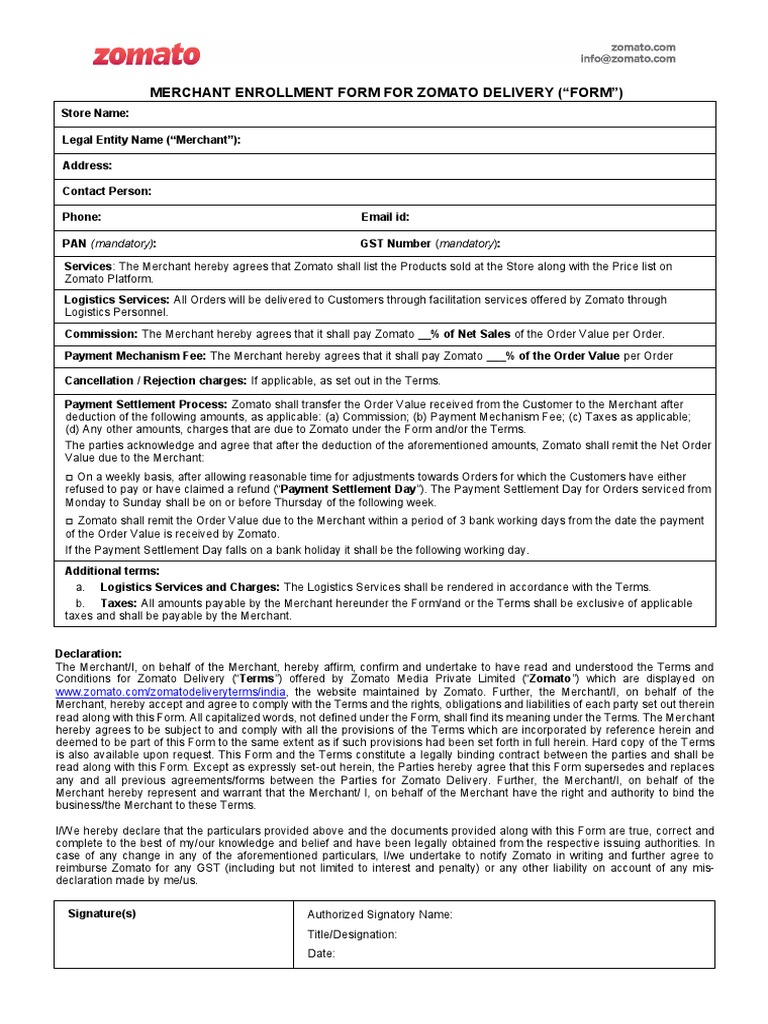 Merchant Enrollment Form v5 - Zomato Delivery - 5 | PDF | Payments | Fee