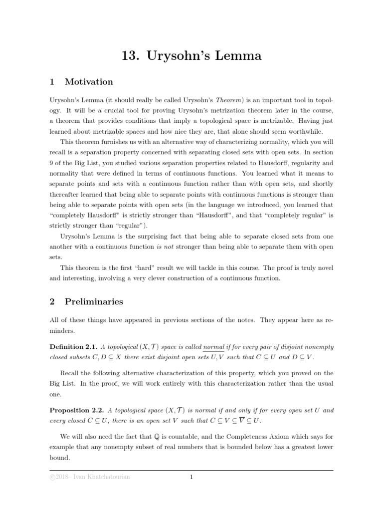 Urysohn's Lemma in Topology | PDF | Continuous Function | Mathematical ...
