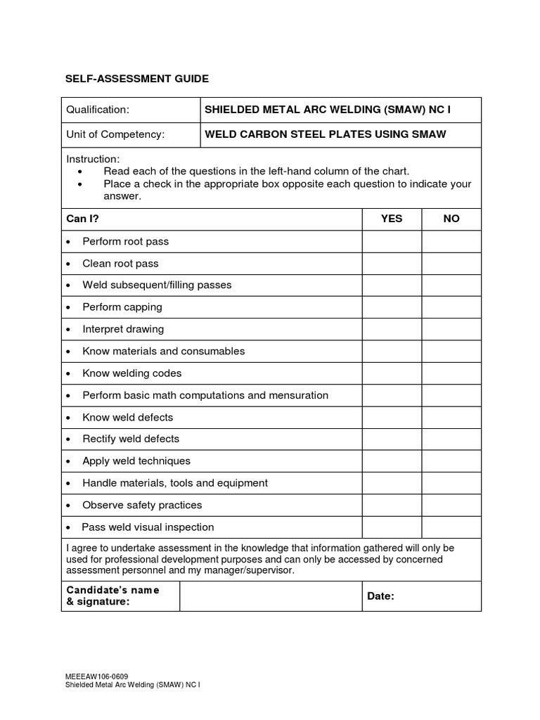 Self-Assessment Guide: MEEEAW106-0609 Shielded Metal Arc Welding (SMAW ...